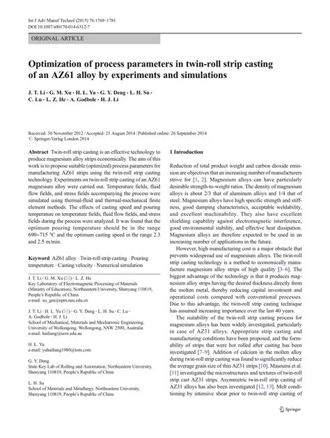 Pdf Optimization Of Process Parameters In Twin Roll Strip Casting Of An Az61 Alloy By