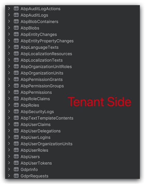 list of tables which should be on tenant database and non tenant