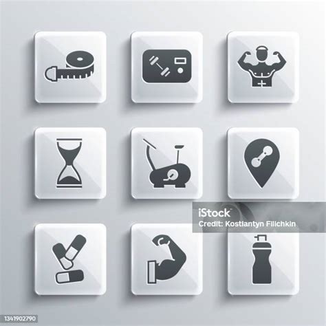 세트 보디 빌더 근육 피트 니스 셰이커 위치 체육관 고정 자전거 비타민 알 약 오래 된 모래 시계 테이프 측정 및 아이콘 벡터 건강 진단에 대한 스톡 벡터 아트 및 기타