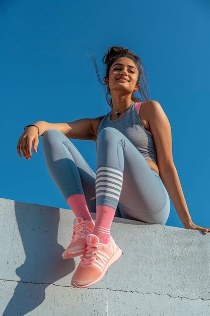 Arafed Woman Sitting On A Wall With Her Legs Crossed Generative Ai Premium AI Generated Image