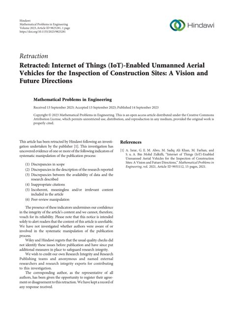 Pdf Retracted Internet Of Things Iot Enabled Unmanned Aerial Vehicles For The Inspection Of