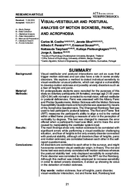 Pdf Visual Vestibular And Postural Analysis Of Motion Sickness Panic And Acrophobia