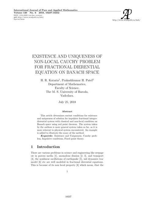Pdf Existence And Uniqueness Of Non Local Cauchy Problem For