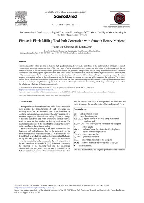 Pdf Five Axis Flank Milling Tool Path Generation With Smooth Rotary