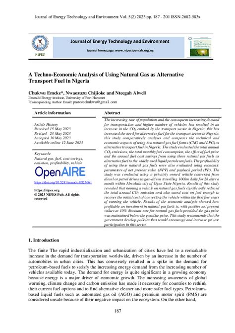 Pdf A Techno Economic Analysis Of Using Natural Gas As Alternative Transport Fuel In Nigeria