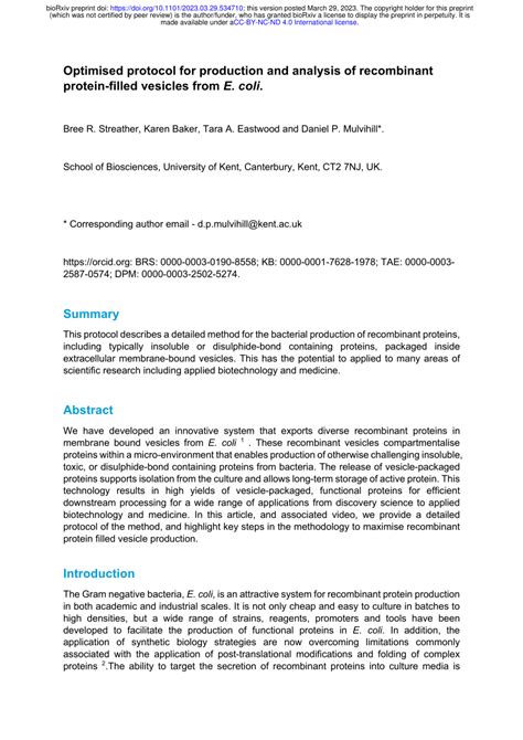 Pdf Optimised Protocol For Production And Analysis Of Recombinant Protein Filled Vesicles From