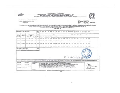 Jsw Steel Test Certificate 1 Pdf Pdf