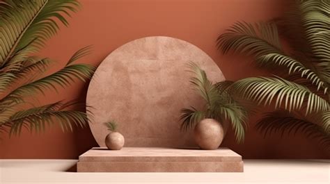 3d 렌더링 갈색 배경 돌 연단 및 복사 공간을 갖춘 야자수 잎 디스플레이 배경 플랫폼 배경 돌 연단 배경 일러스트 및 사진 무료 다운로드 Pngtree