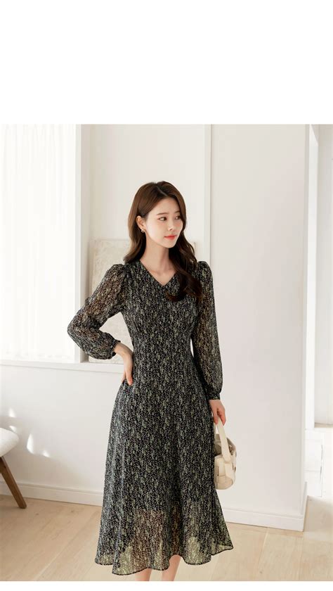 시크라인 오드레 빈티지 패턴 쉬폰 플레어 롱 원피스