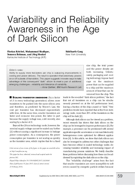 Pdf Variability And Reliability Awareness In The Age Of Dark Silicon