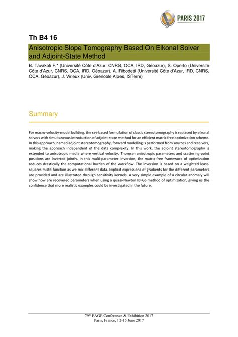 Pdf Anisotropic Slope Tomography Based On Eikonal Solver And Adjoint State Method