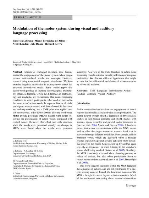 Pdf Modulation Of The Motor System During Visual And Auditory Language Processing