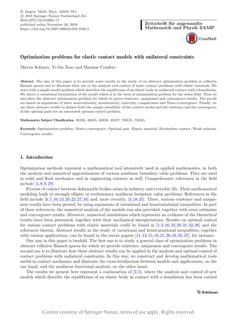 Optimization Problems For Elastic Contact Models With Unilateral Constraints Request Pdf