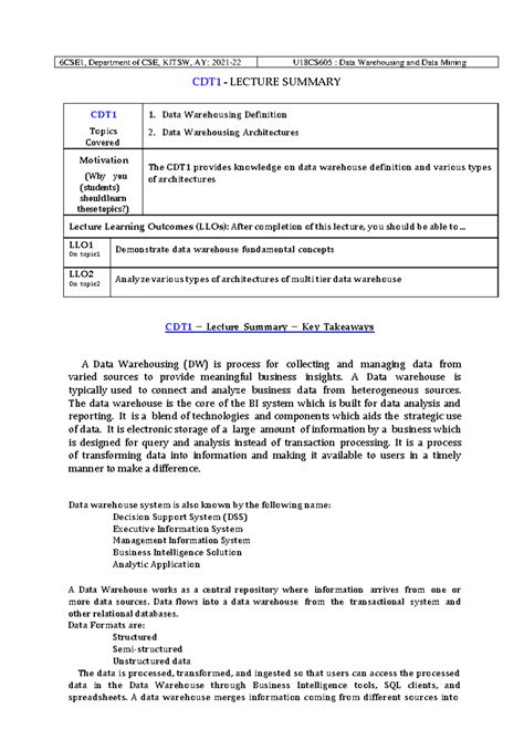 Dwdm Cdt1 Lecture Summary Cdt1 Lecture Summary Cdt Topics Covered Data Warehousing