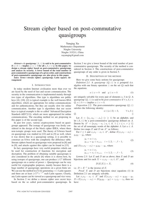 Pdf Stream Cipher Based On Post Commutative Quasigroups