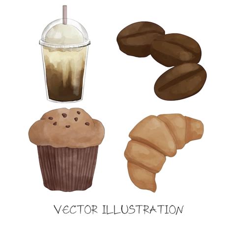 아침 빵집과 커피 수채화 벡터 일러스트 레이 션 프리미엄 벡터