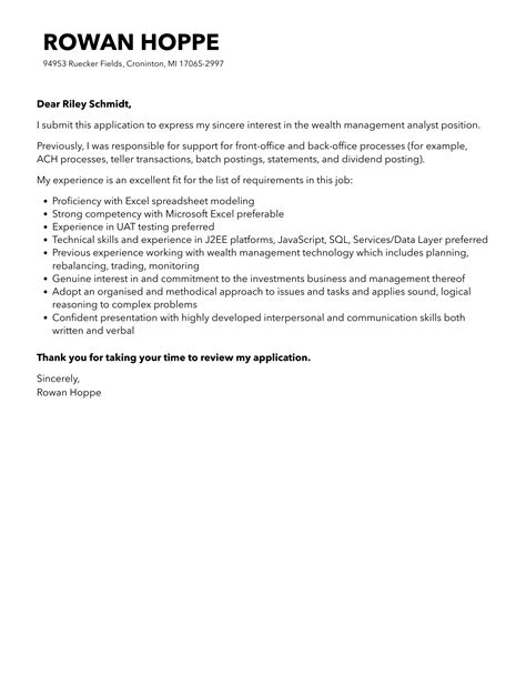 Wealth Management Analyst Cover Letter Velvet Jobs