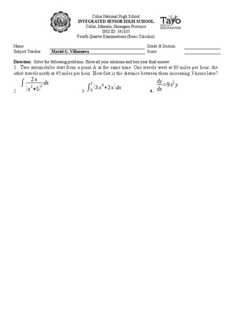 4th Grading Exam Basic Calculus 2017 2018 Pdf Calculus Mathematical Analysis