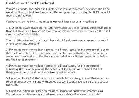 Solved Fixed Assets And Risk Of Misstatement You Are An