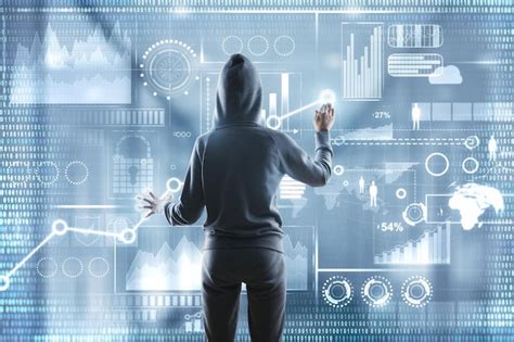 Premium Photo Back View Of Young Hacker Using Glowing Digital