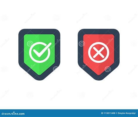 Shields And Check Marks Icons Set Red And Green Shield With Checkmark And X Mark Protect