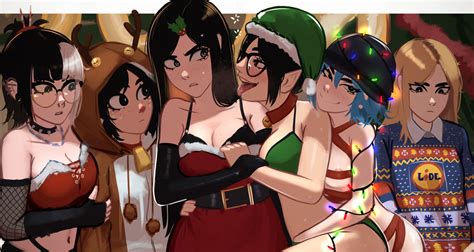 Rule 34 6girls Bell Collar Black Hair Blonde Hair Blue Hair Christmas Outfit Cleavage Erka