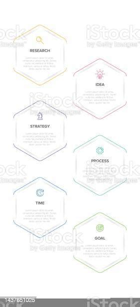 아이콘과 6가지 옵션 또는 단계가 있는 수직 인포그래픽 디자인 얇은 선 인포그래픽 비즈니스 개념 정보 그래픽 흐름 차트 프리젠 테이션 모바일 웹 사이트 인쇄 된 자료에