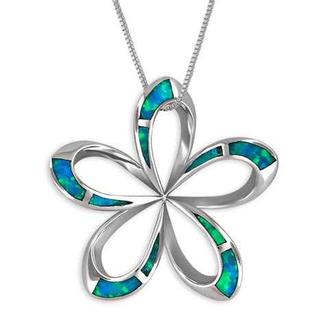 Sterling Silver Synthetic Blue Opal Open Plumeria Pendant Necklace 16