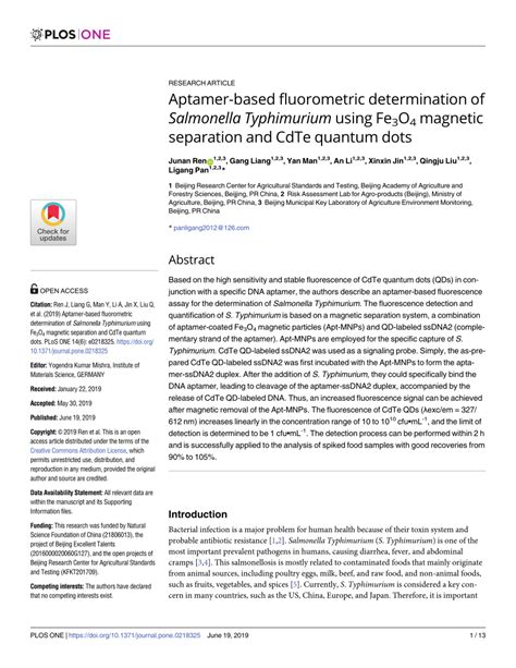 Pdf Aptamer Based Fluorometric Determination Of Salmonella Typhimurium Using Fe3o4 Magnetic