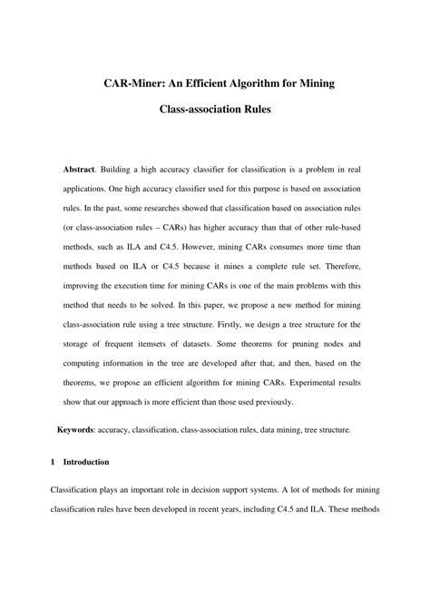 Pdf Car Miner An Efficient Algorithm For Mining Class Association Rules