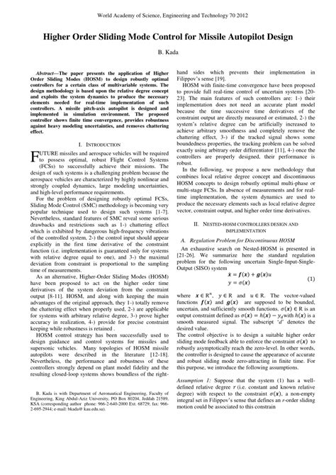 Pdf Higher Order Sliding Mode Control For Missile Autopilot Design
