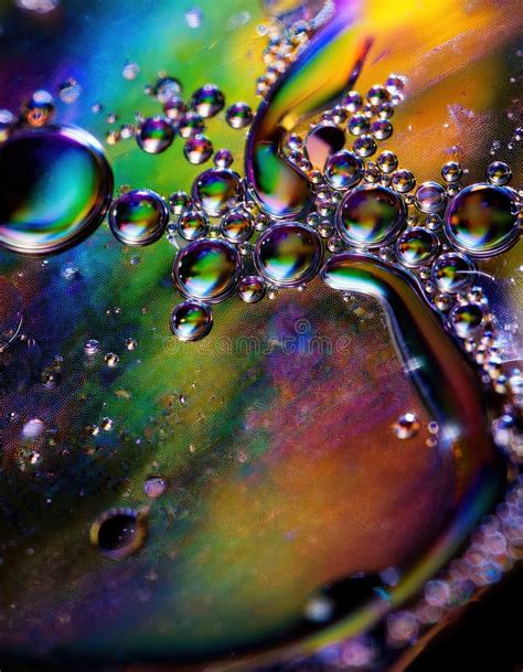 Swirling Dance Of Oil And Water Droplets Creating Vibrant Iridescent Patterns In Organic Forms