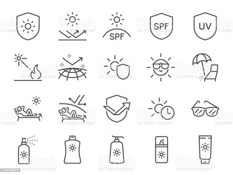 자외선 차단제 아이콘 세트입니다 아이콘에는 자외선 차단 일광욕 선글라스 Uv Spf 등이 포함되었습니다 아이콘에 대한 스톡 벡터 아트 및 기타 이미지 Istock