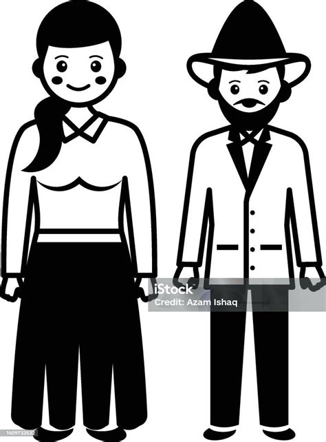 키가 큰 벡터 아이콘 디자인으로기도하는 남녀가 착용 한 무릎 길이의 면화 가운 세계 원주민 상징 캐주얼 한 옷의 캐릭터 기호 함께 서있는 유대인 부부 개념 부나드에 대한