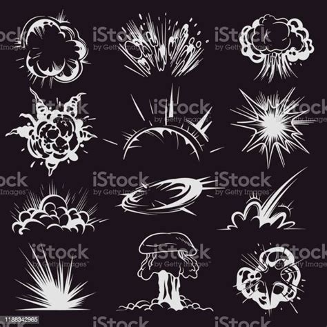 만화 폭발 효과 코믹 에너지 폭발 빛나는 산책로 입자가있는 연기 구름 흰색 화재 플래시 격리 벡터 세트 개체 그룹에 대한 스톡