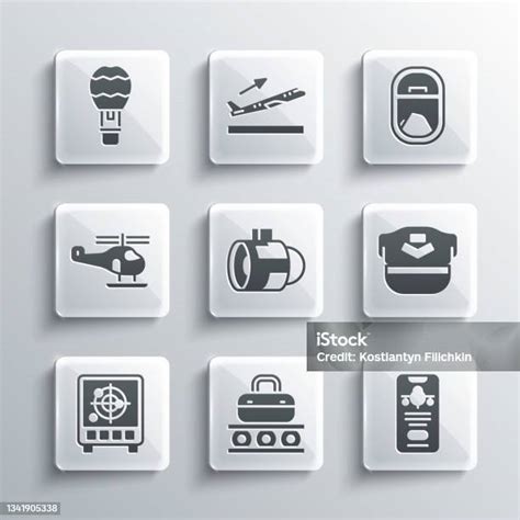 가방 모바일 티켓 파일럿 모자 제트 엔진 터빈 레이더 대상 모니터 헬리콥터 열기구 및 비행기 창 아이콘이있는 컨베이어 벨트를 설정합니다 벡터 Brand Name Smart