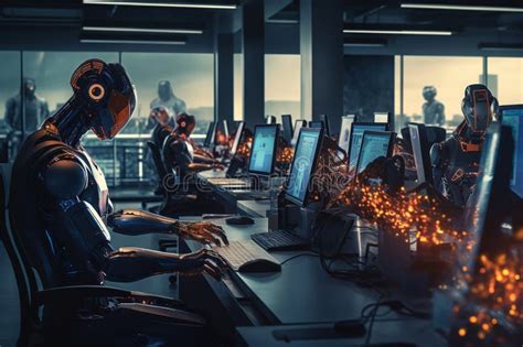 Ai Robots Using Multiple Computers Working Monitoring Data In Office