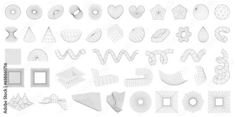 Set Of Wireframe 3d Geometric Shapes Wire Frame Abstract Figures Torus Spirals Gear Heart