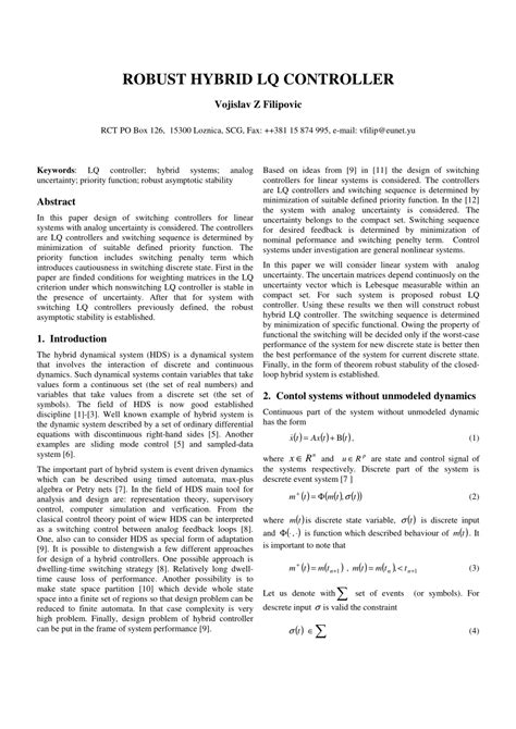 Pdf Robust Hybrid Lq Controller