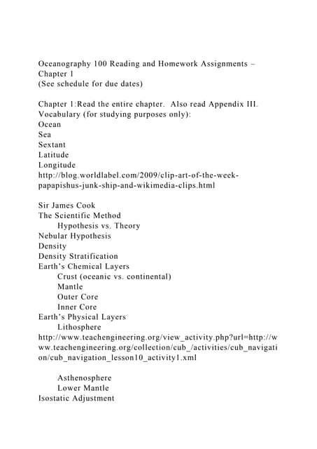 Oceanography 100 Reading And Homework Assignments Chapter 1 Se Docx