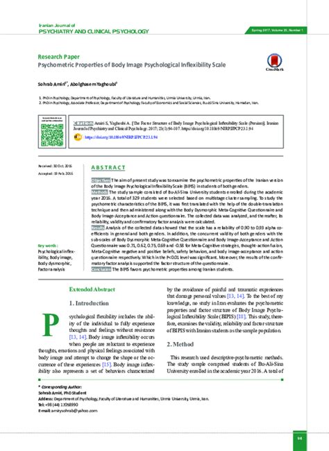 Pdf Psychometric Properties Of Body Image Psychological Inflexibility Scale