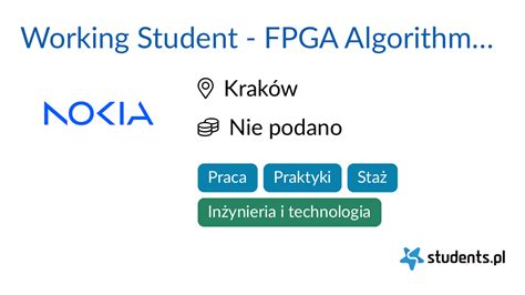 Working Student FPGA Algorithm Modeling Engineer w Nokia Kraków Oferty