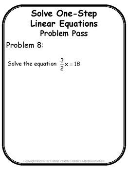 Solve One Step Linear Equations Problem Pass Activity TpT