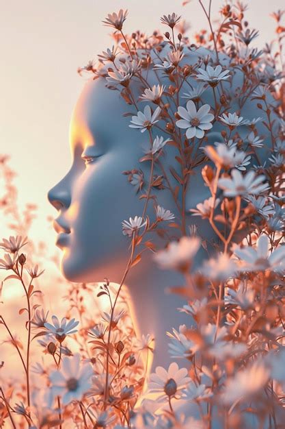 Premium Photo Simplified 3d Model Of A Womans Profile With Floral Motifs Growing From Her Hair