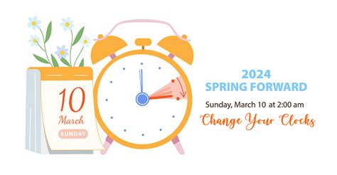 일광 절약 시간제 시작 개념 봄꽃 장식으로 2024년 3월 10일 일요일에 시간을 변경하는 시계와 달력 날짜의 벡터 그림입니다 Spring Forward Time 일러스트