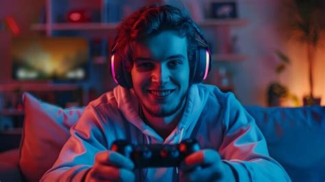 gamer playing front front controller lights color premium ai