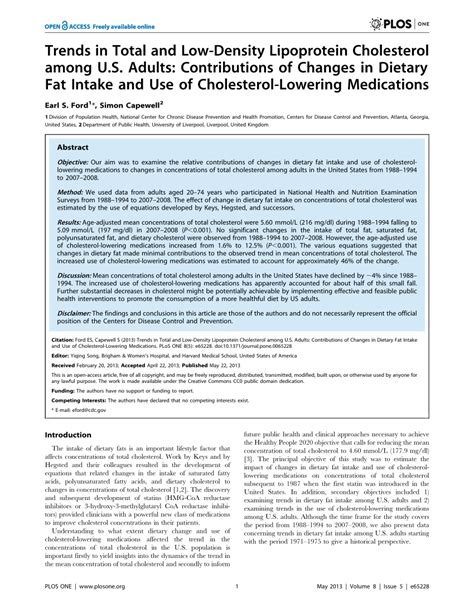 Pdf Trends In Total And Low Density Lipoprotein Cholesterol Among Us Adults Contributions