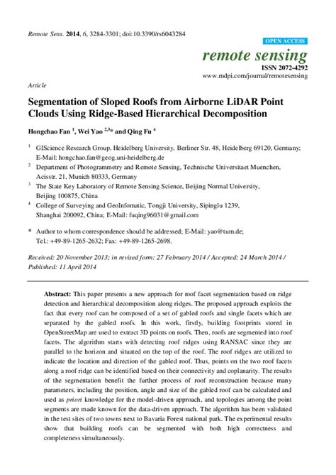 Pdf Segmentation Of Sloped Roofs From Airborne Lidar Point Clouds Using Ridge Based
