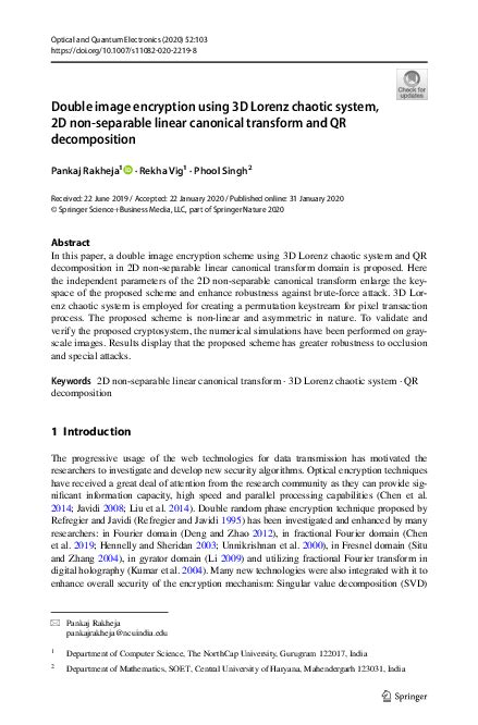 Pdf Double Image Encryption Using 3d Lorenz Chaotic System 2d Non
