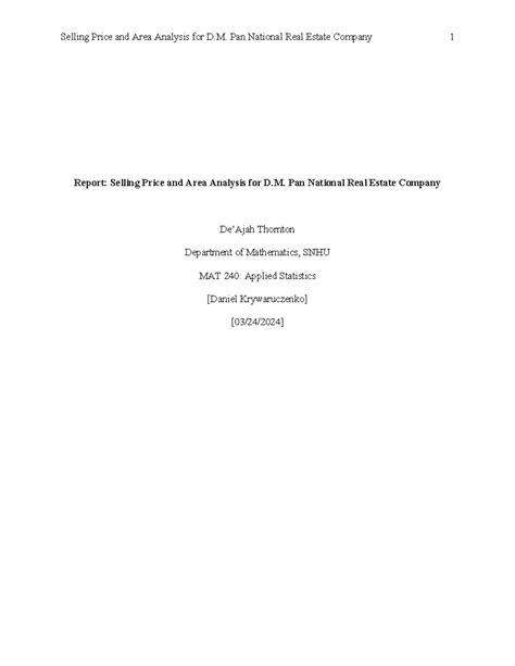 Mat 240 Module Two Assignment Report Selling Price And Area Analysis